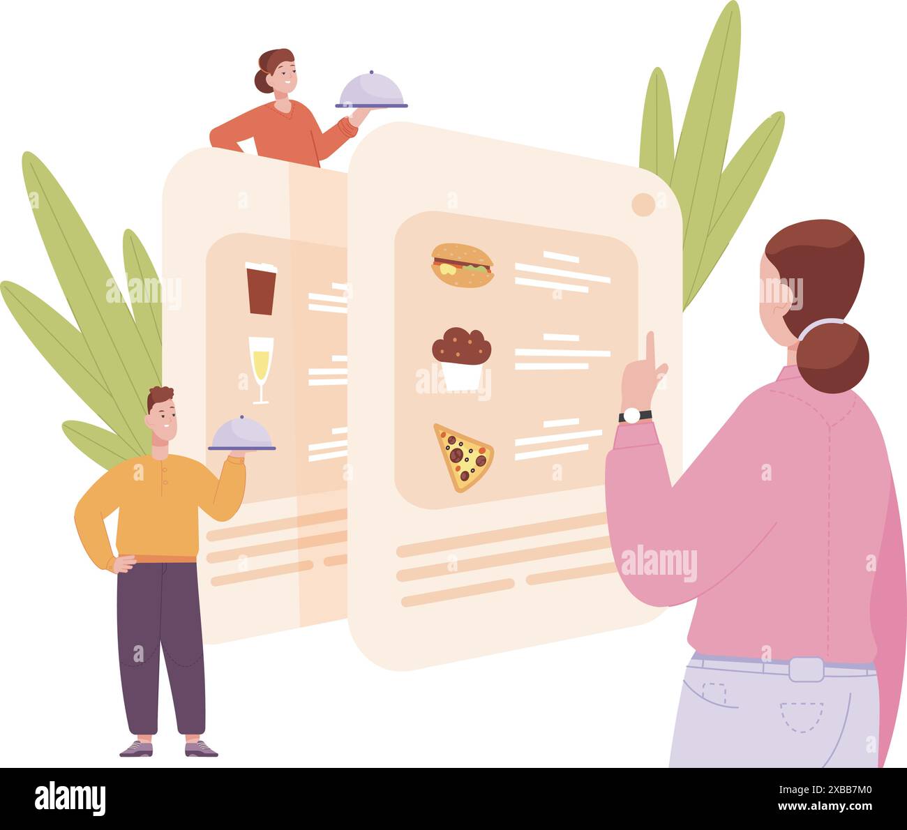 Choosing food order. Woman customer look restaurant menu online shop ...