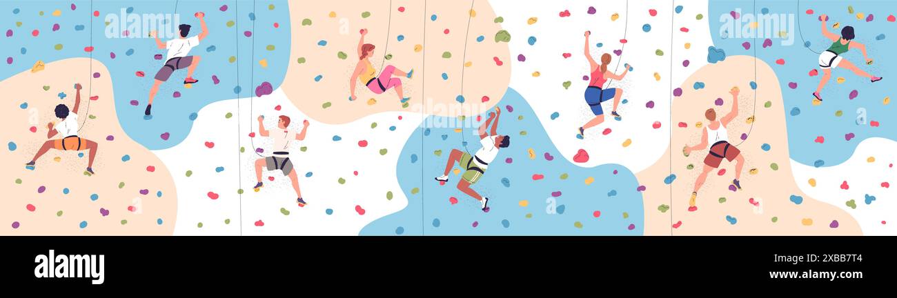 Bouldering gym. People climbers grip rock cliff wall indoor climbing ...