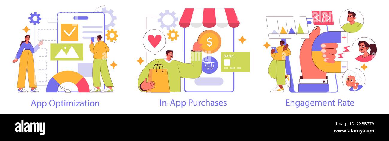 Mobile app development set displaying optimization, in-app purchases ...