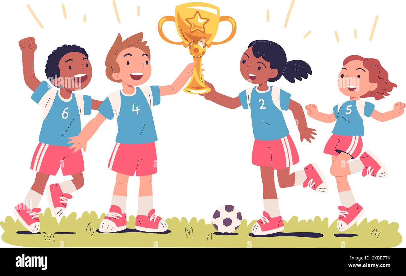 Soccer team hold cup. Children football players victory cheers celebration, kid handsome ...