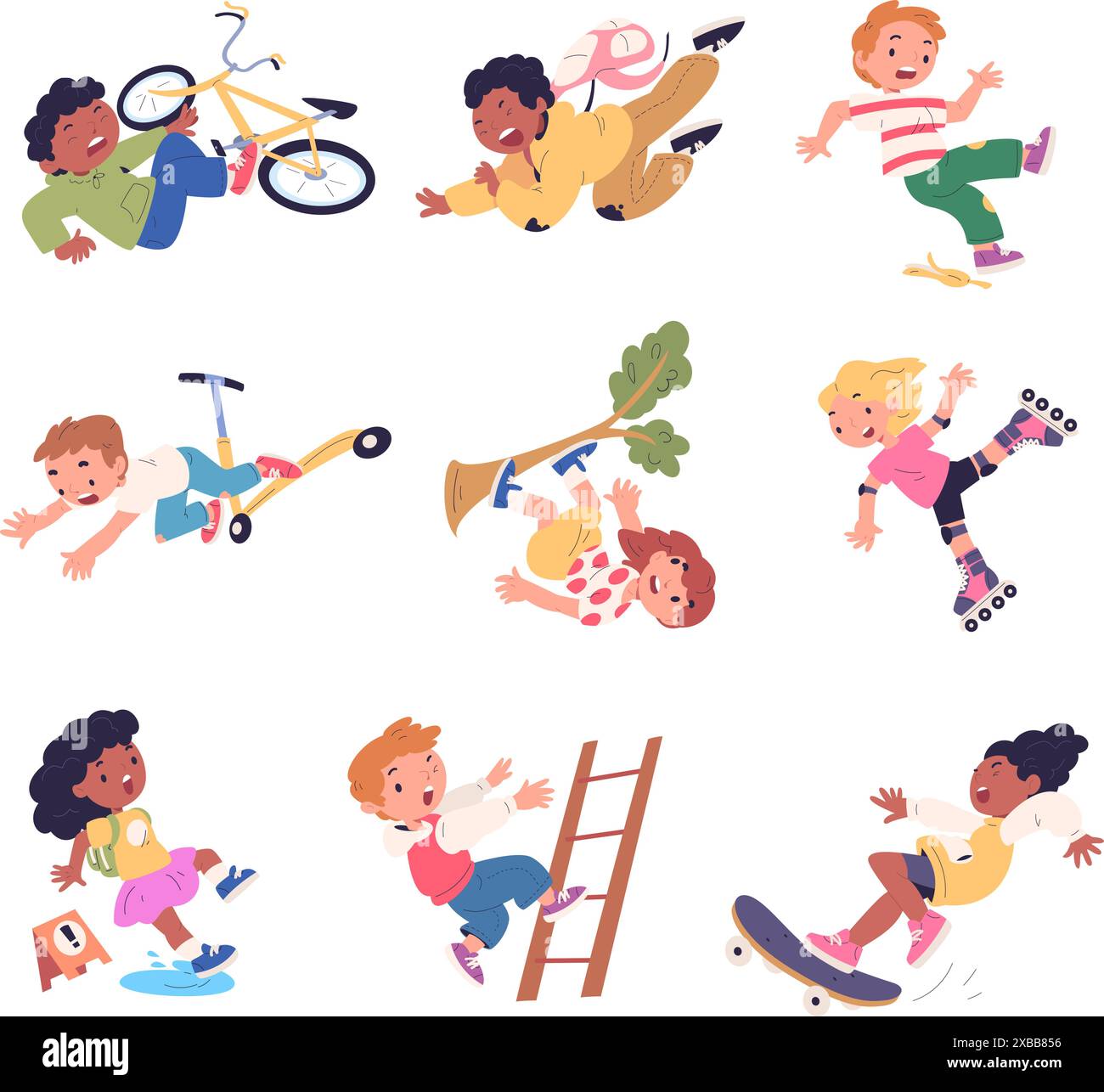 Falling kids. Cartoon children fall down accident, school students ...