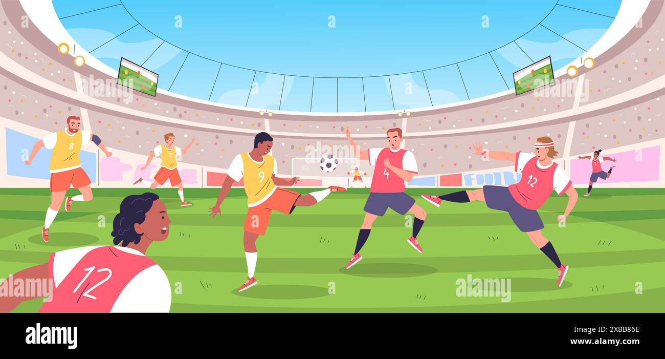 Soccer players in stadium. Football player team attack or defense game ...