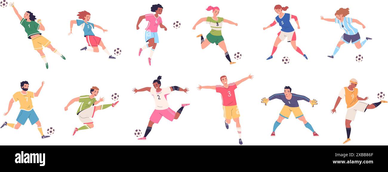 Soccer players characters. Football player kick ball different actions ...