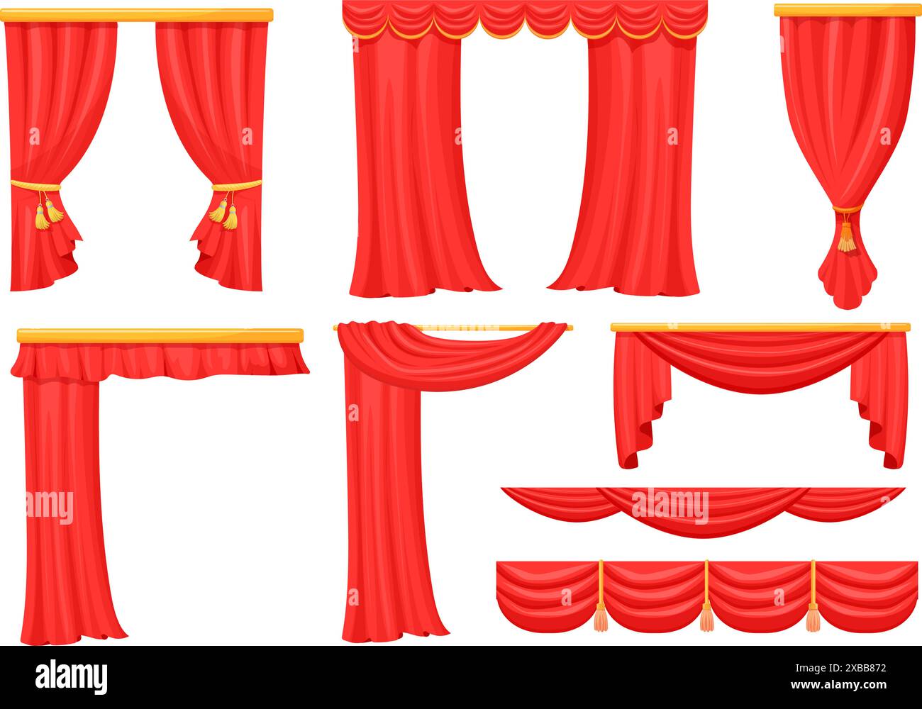 Cartoon red curtains. Trendy luxurious curtain clipart for vintage live ...