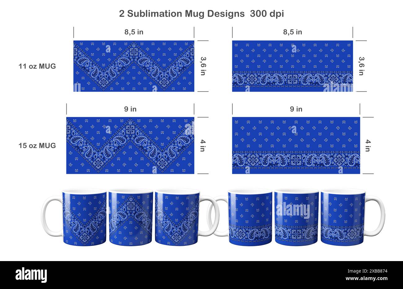 Set of 2 blue paisley bandana patterns. Sublimation templates for 11 oz ...