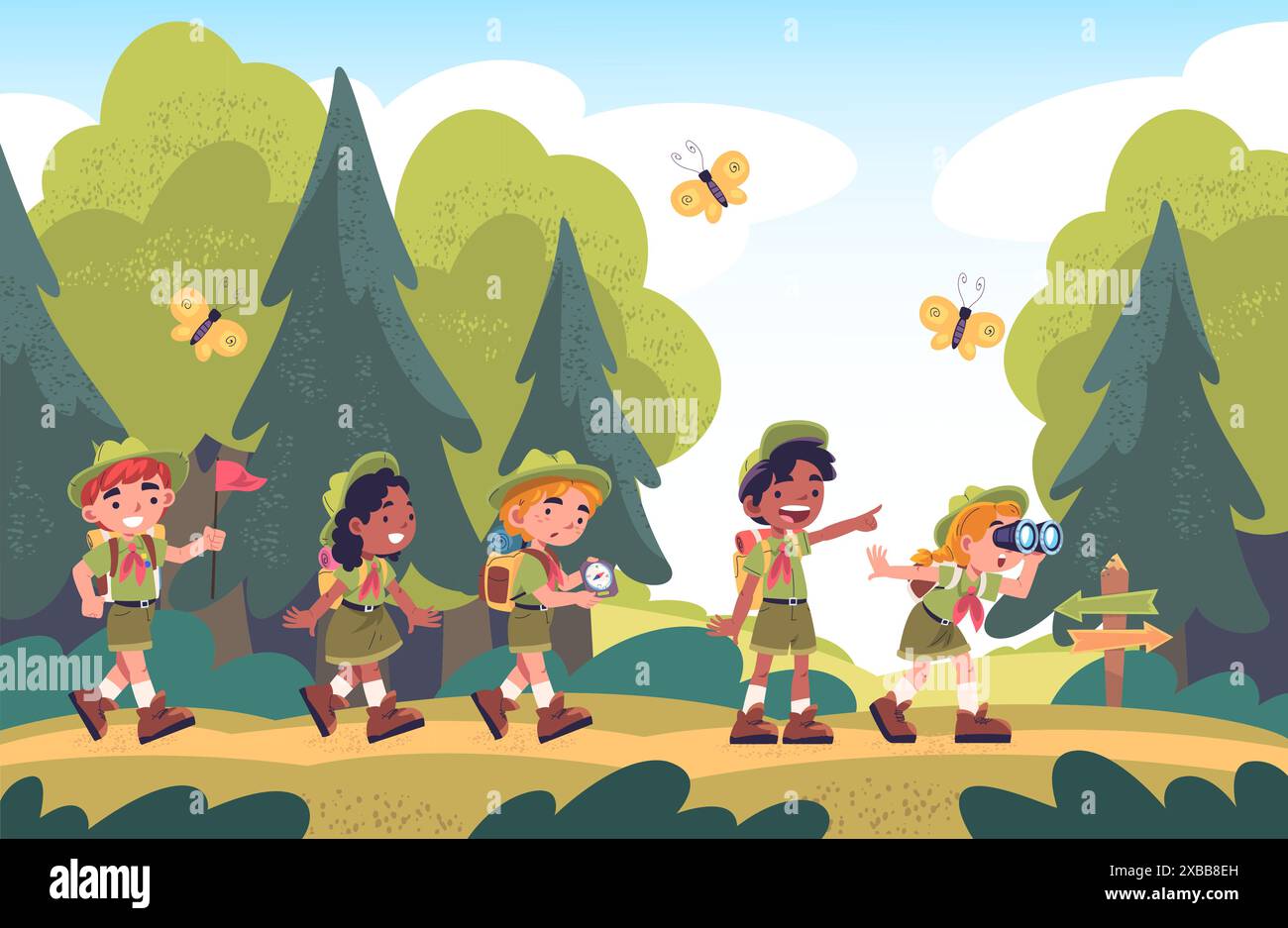 Kid scouts hiking. Child scouting, kids walk hike on forest trail boy ...