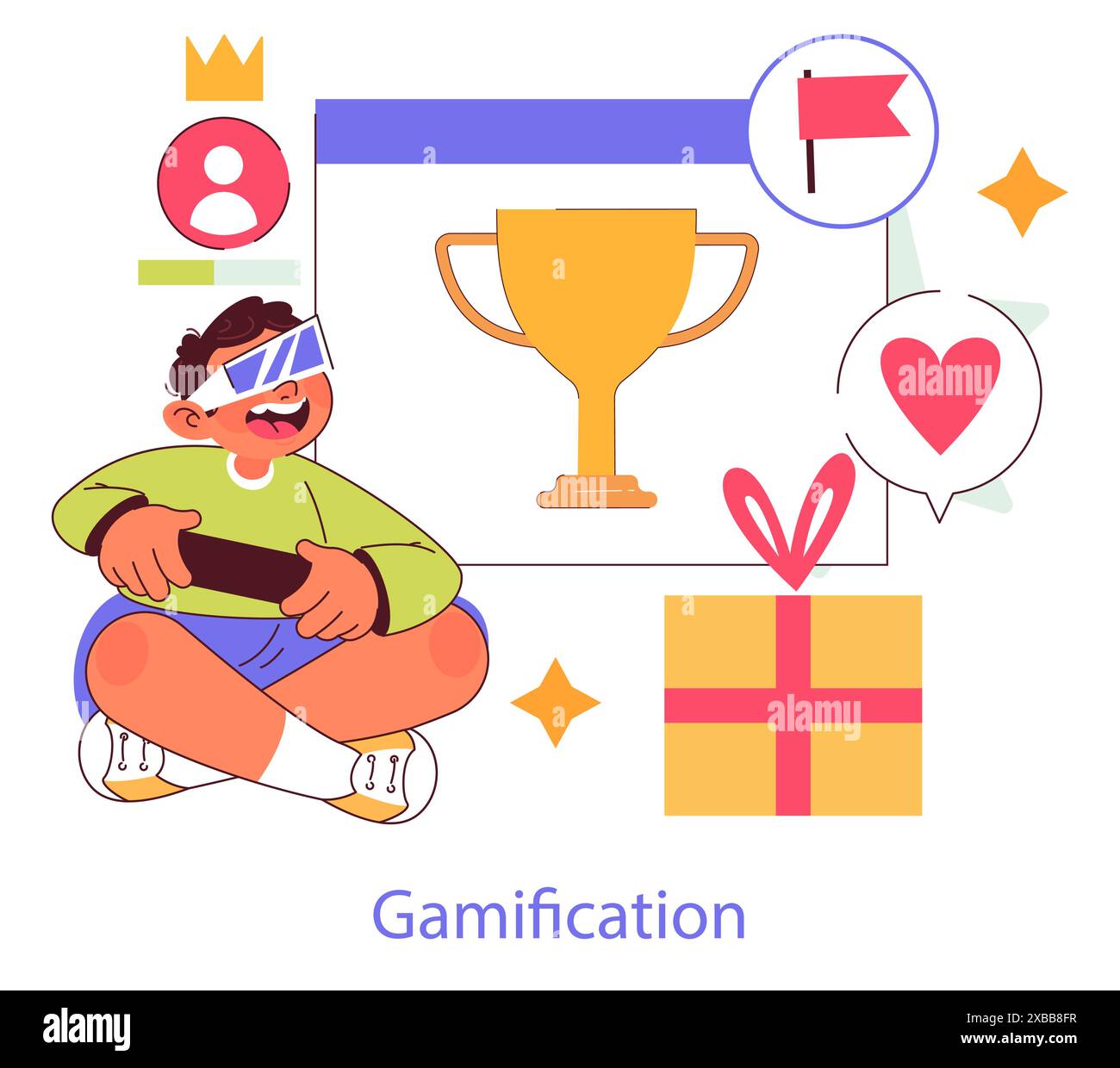 Gamification concept. Illustration of a person experiencing game elements in non-game contexts ...