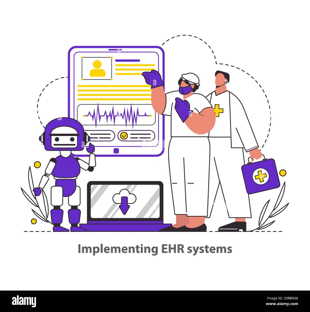 Digital healthcare integration concept. Robot and medic showcase electronic health record system ...