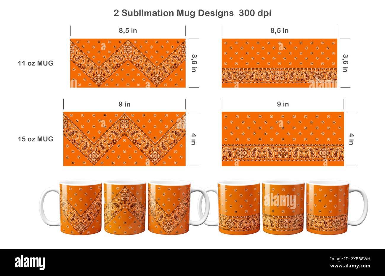 Set of 2 orange paisley bandana patterns. Sublimation templates for 11 ...
