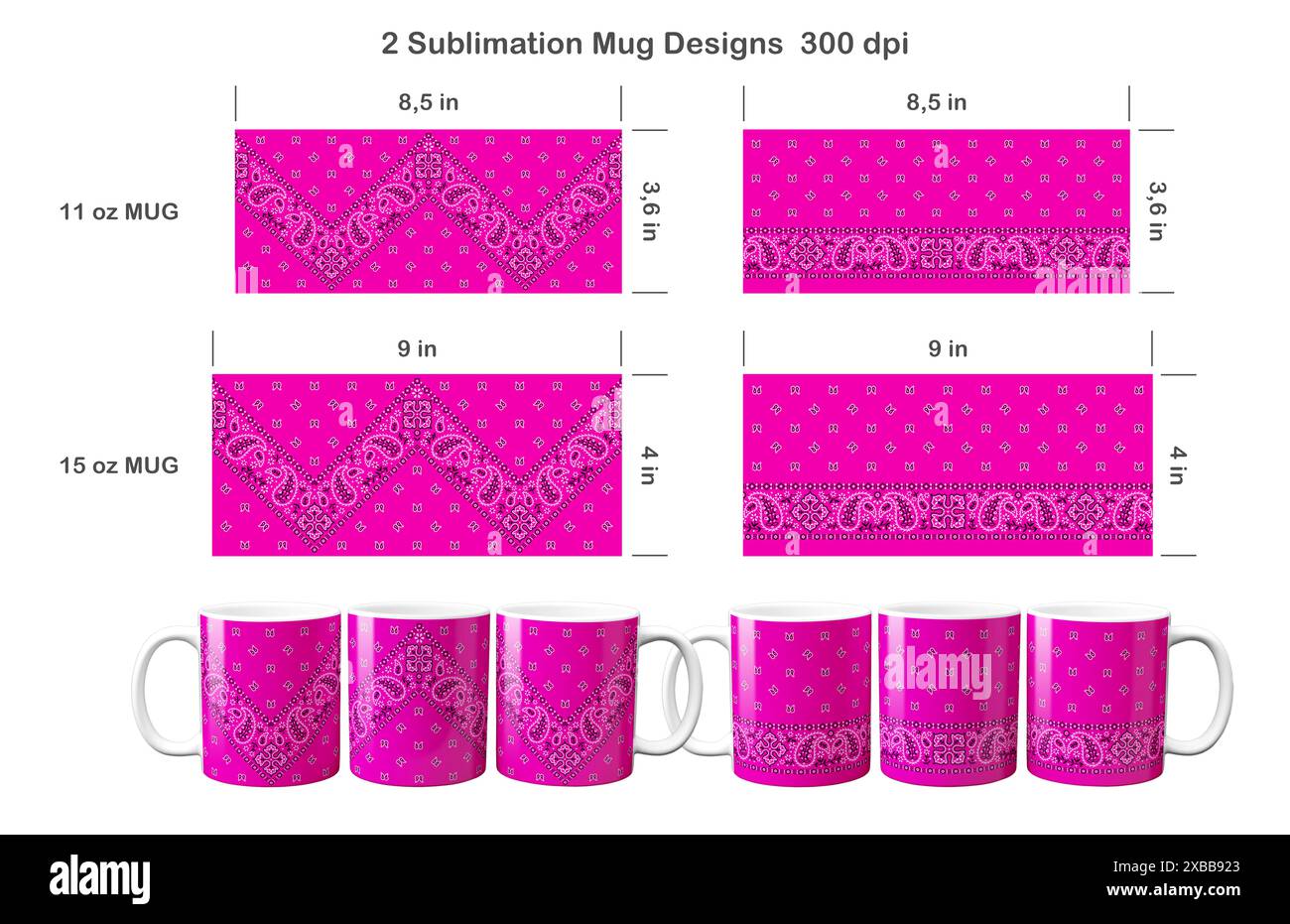 Set of 2 pink paisley bandana patterns. Sublimation templates for 11 oz ...
