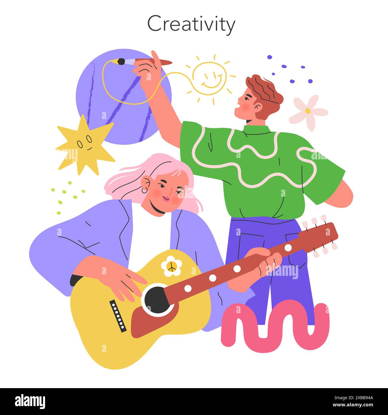 Creativity concept. Two characters engaged in artistic expression ...