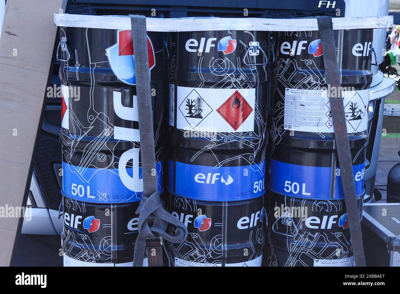 High performance motor racing engine oil barrels Stock Photo - Alamy