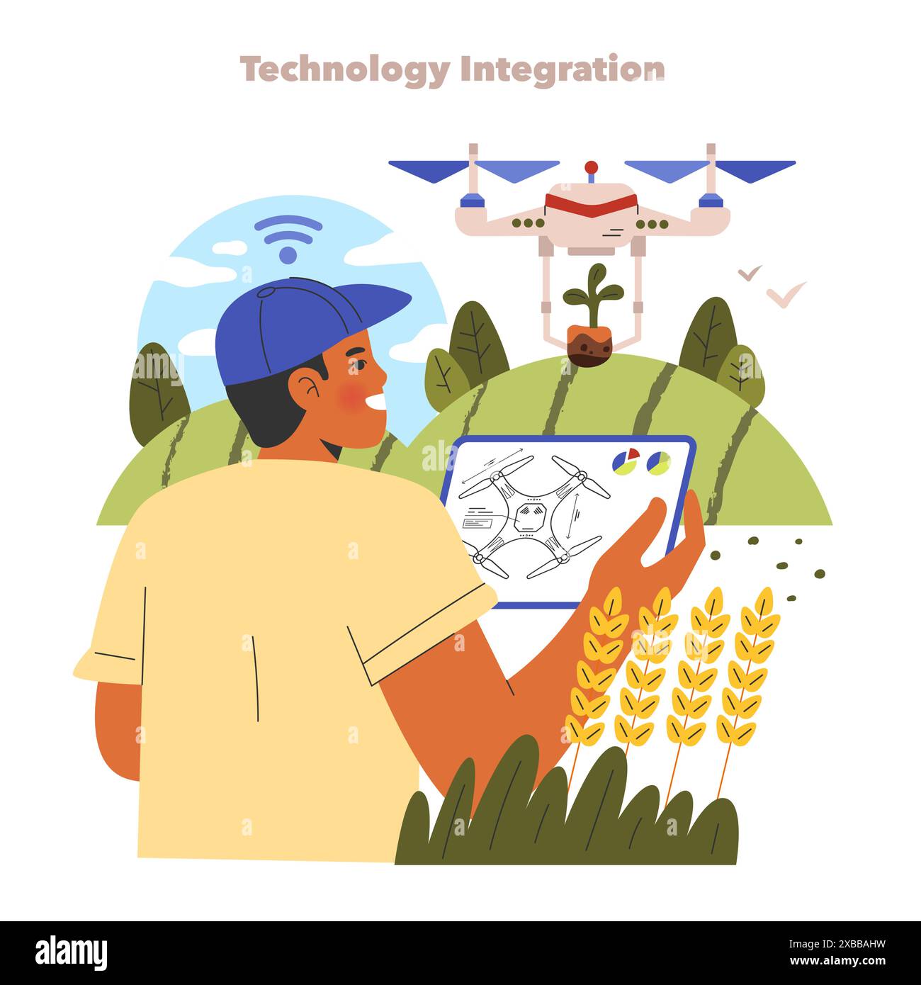 Smart Farming concept. Farmer uses technology and a drone for agriculture efficiency. Innovative ...