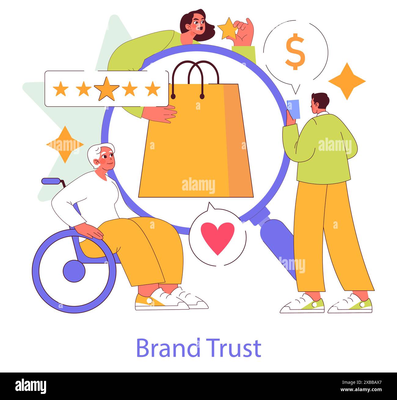 Brand Trust concept. Consumers evaluate shopping bags under a ...
