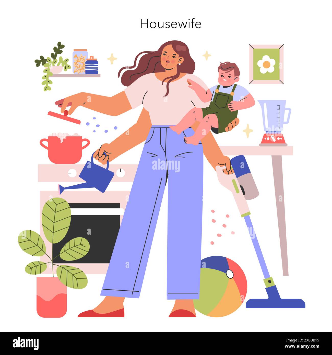Multitasking housewife illustration. A woman juggles cooking, cleaning ...