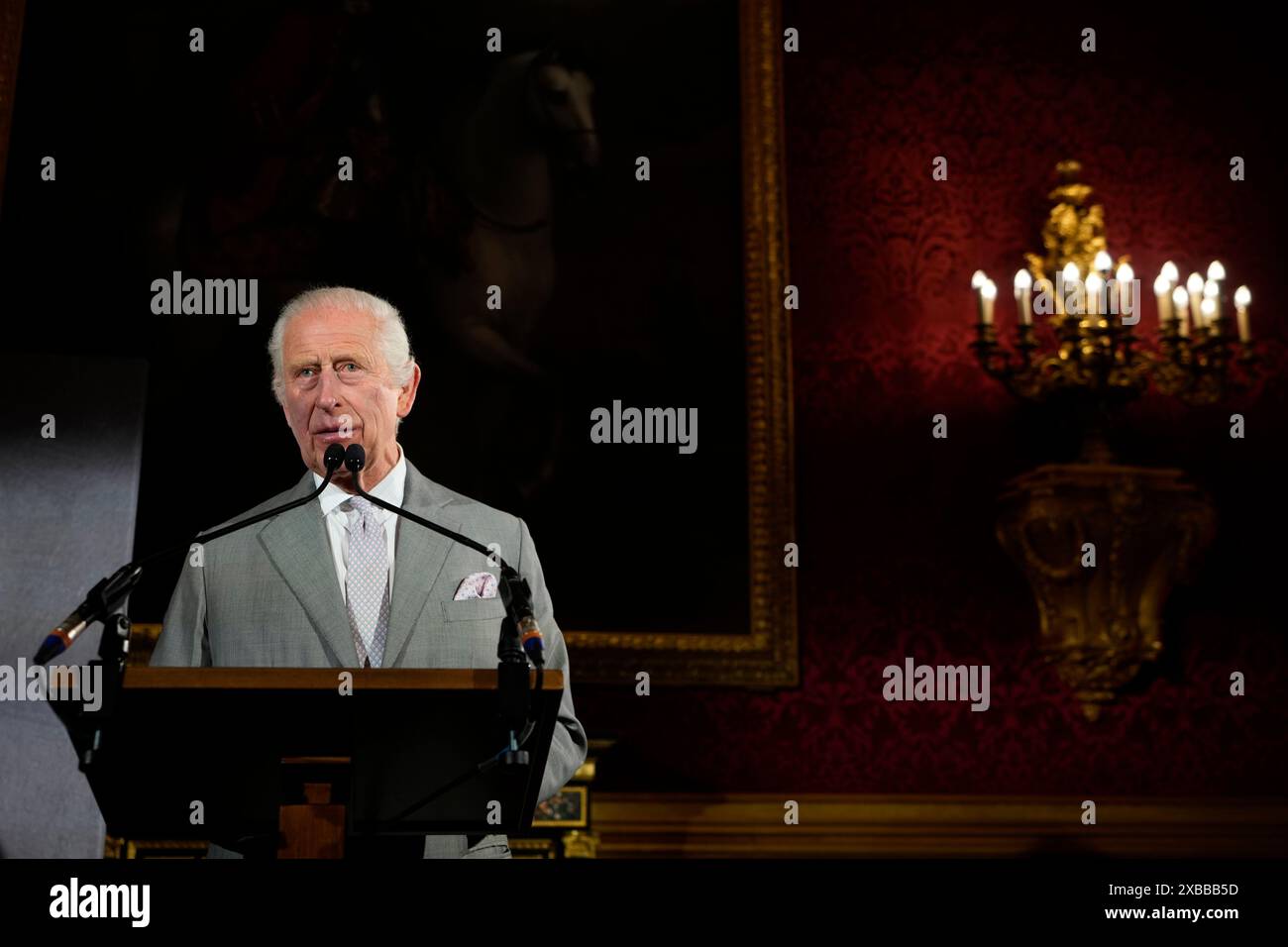 King Charles III speaks as he attends the King's Foundation charity's inaugural awards at St ...