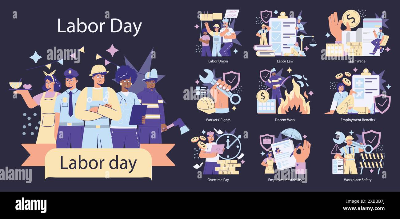 Labor Day concept. A diverse group of workers celebrates labor rights ...
