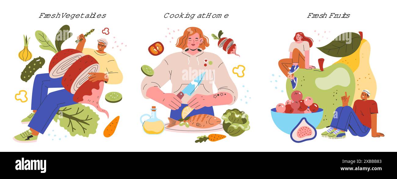 Healthy Eating set. Illustration of people with fresh vegetables ...