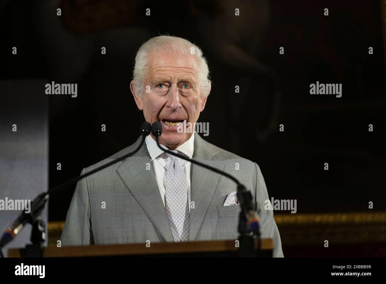 King Charles III speaks as he attends the King's Foundation charity's inaugural awards at St ...