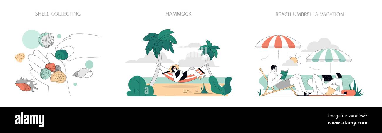 Summer Activities set. Leisure moments with shell collecting, lounging ...