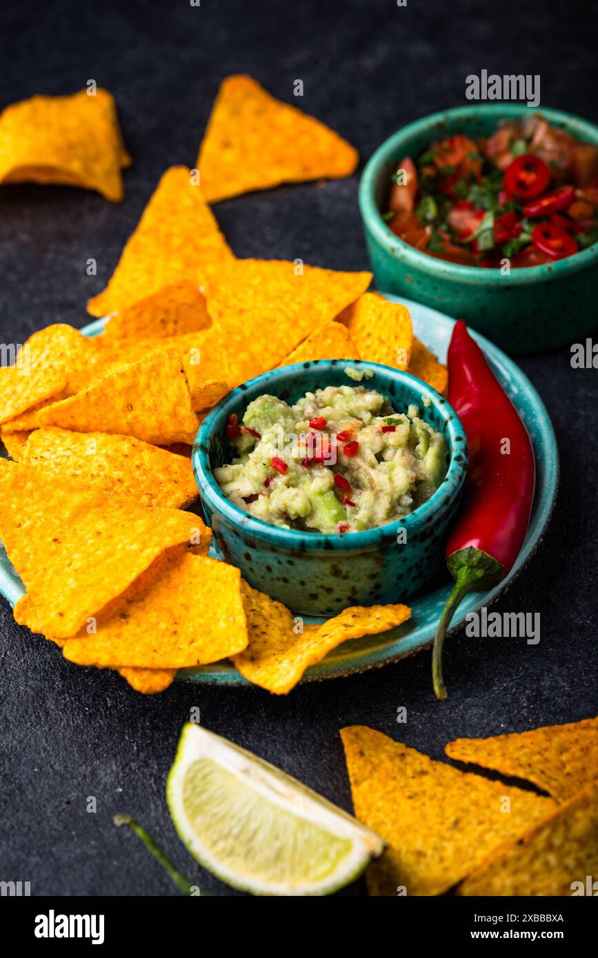 Traditional Mexican food nachos, salsa, guacamole, tequila Stock Photo ...