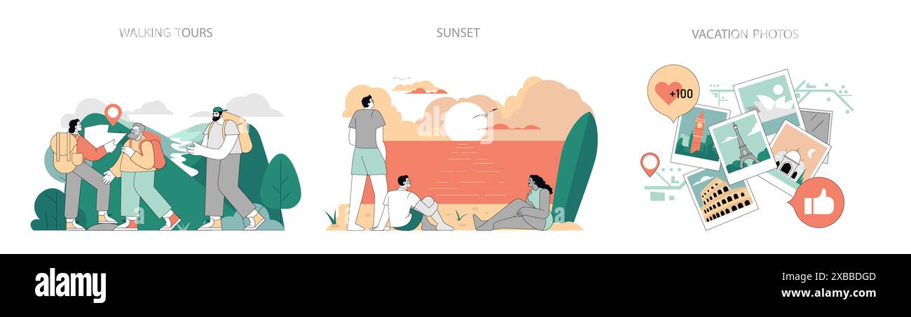 Summer Activities set. People engaging in outdoor adventures, enjoying ...