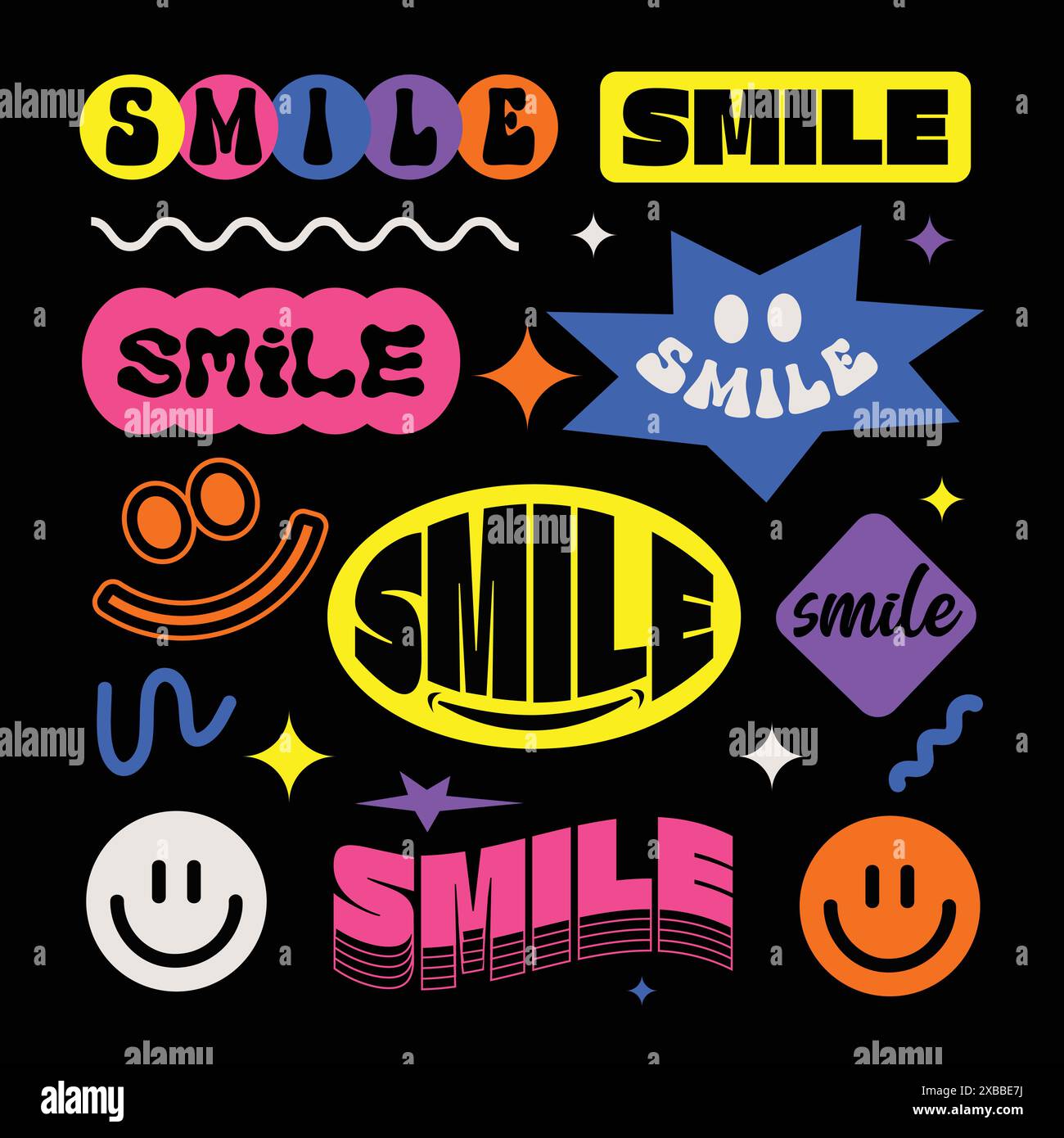 Colorful retro sticker set for smile day. Modern trendy badge, label ...