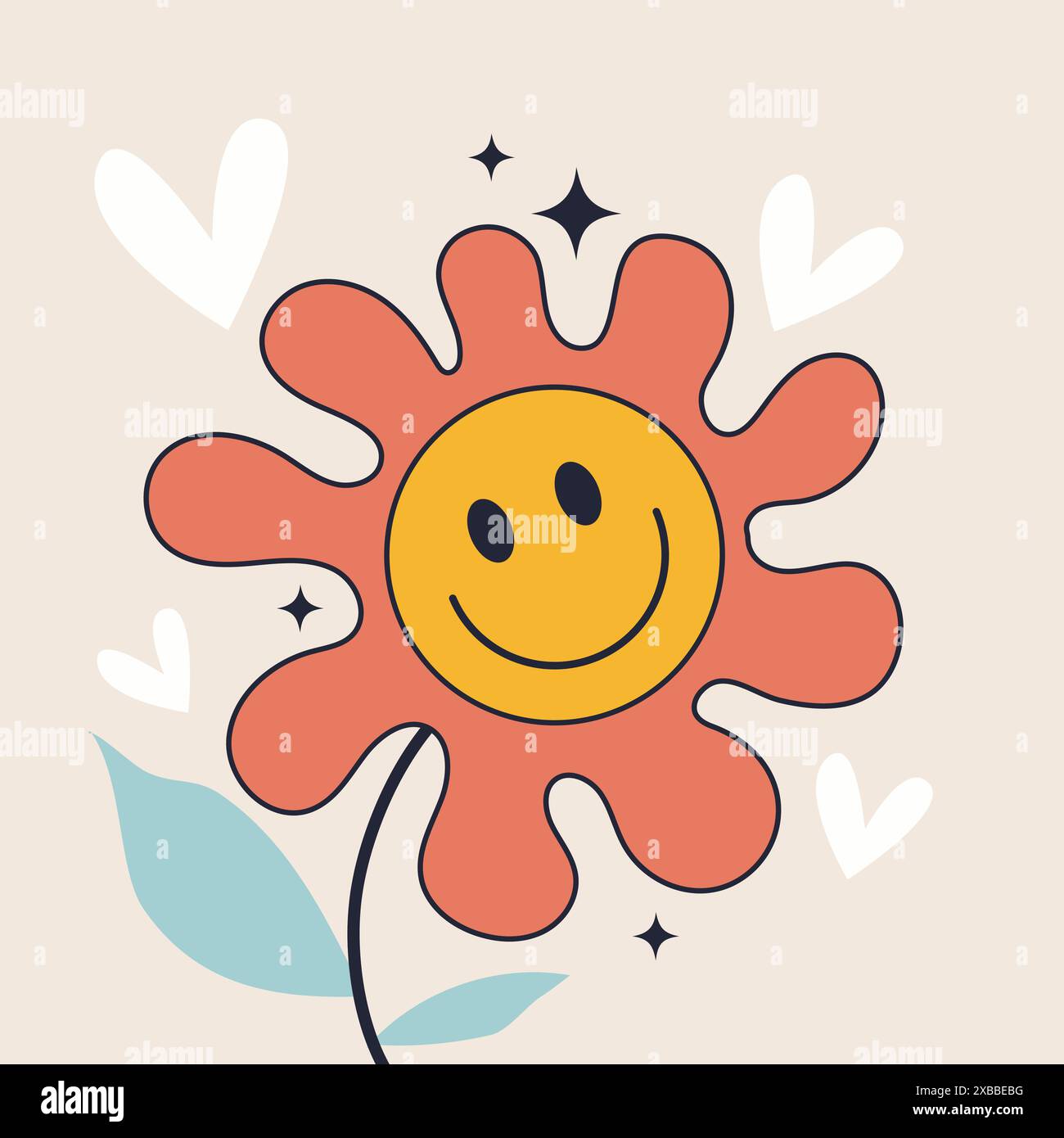 Groovy flower with a cartoon smiley face. Trendy art vector ...