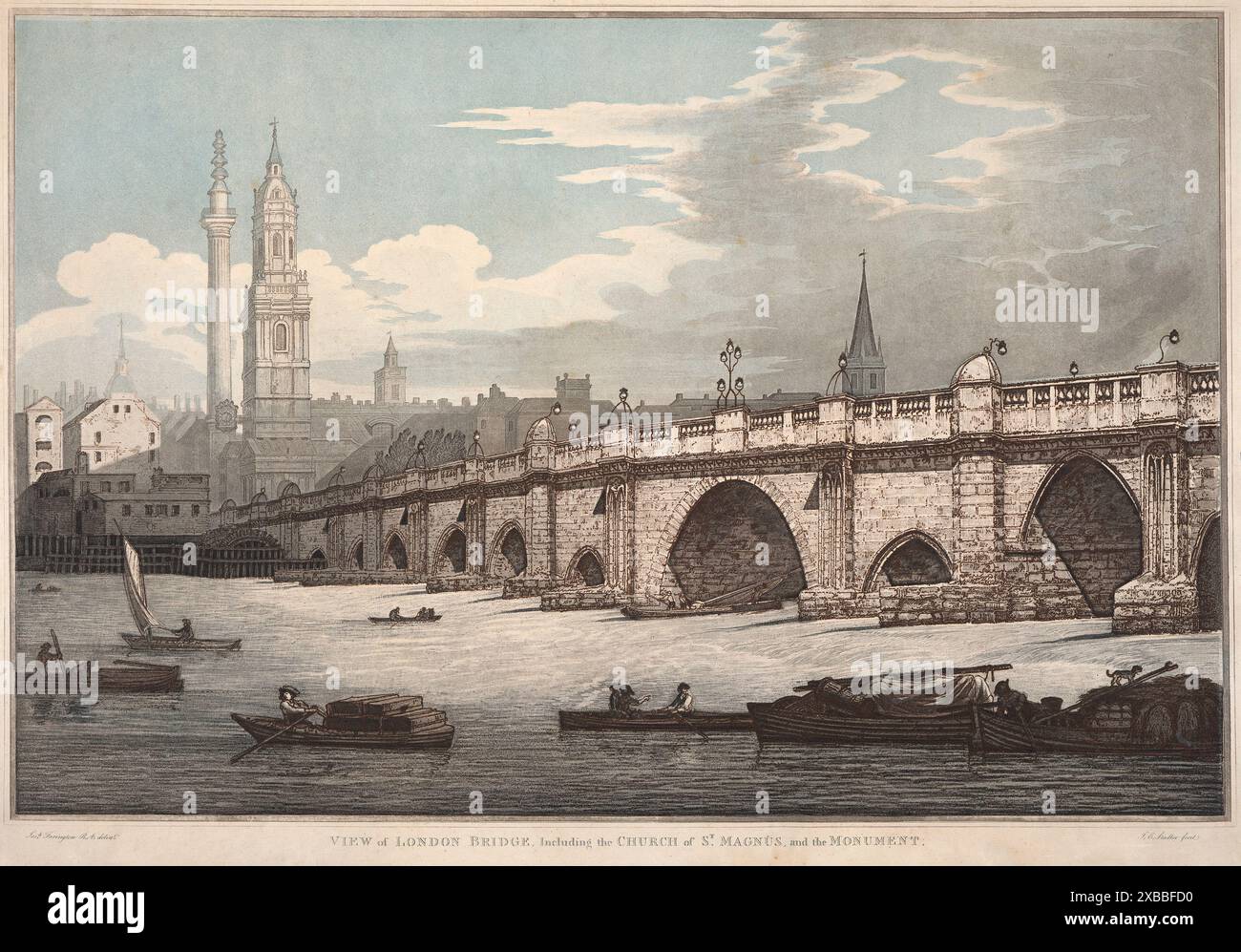 A print coloured engraving of a view of London Bridge London in 1804 ...