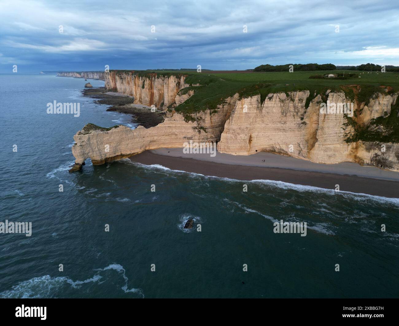 Aerial view of the famous white limestone cliffs near Etretat during ...
