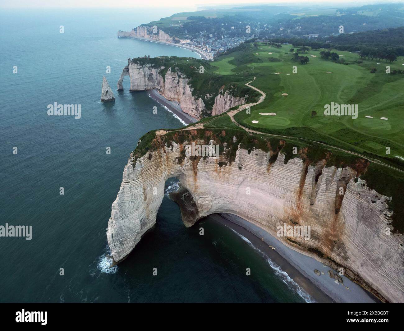 Aerial view of the famous white limestone cliffs near Etretat during ...