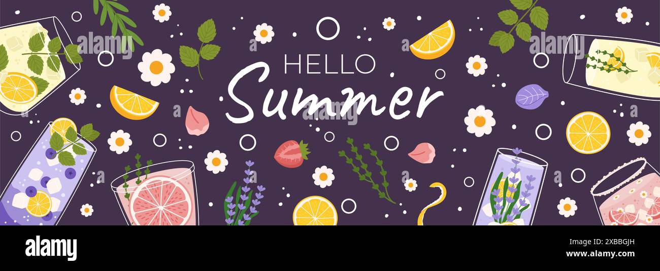 Colorful summer horizontal banner with citrus and berry drinks, mint ...