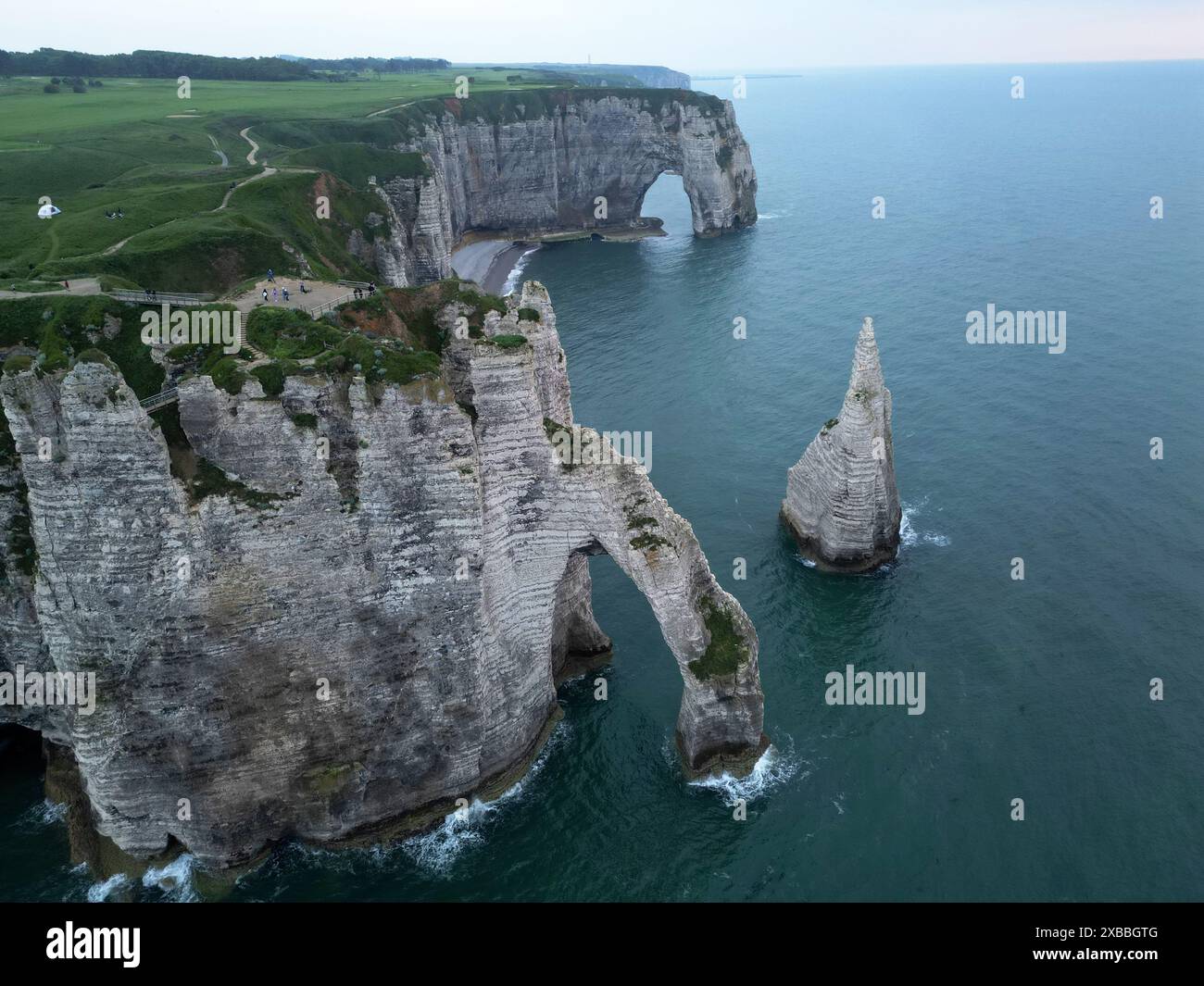 Aerial view of the famous white limestone cliffs near Etretat during ...