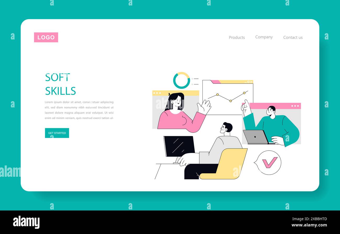 Soft Skills concept. Colleagues engage in teamwork and communication, displaying leadership and ...