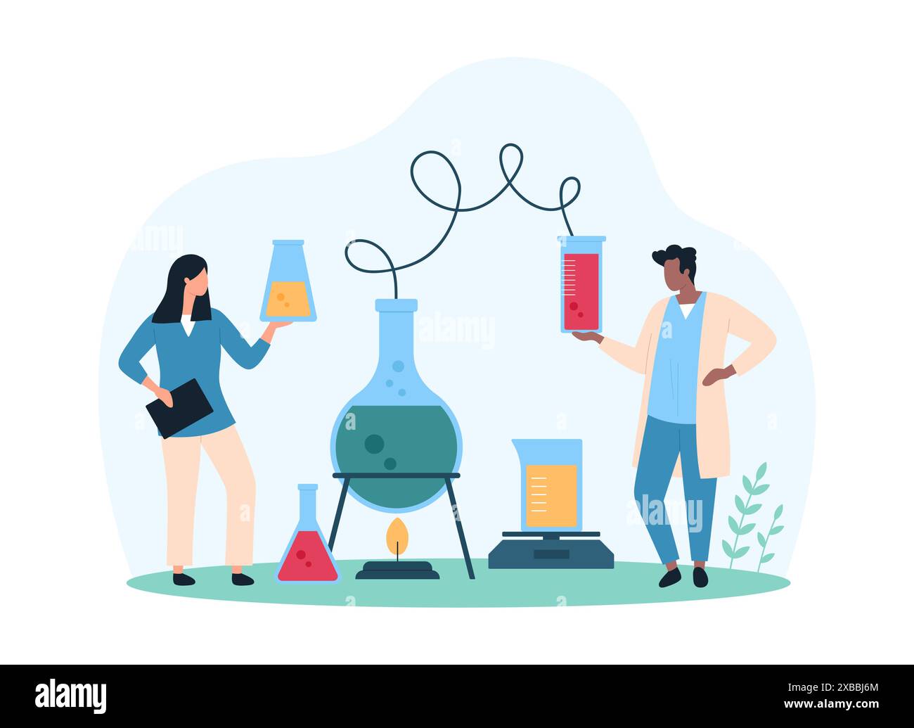 Laboratory chemistry experiment with glass flasks. Tiny people test ...