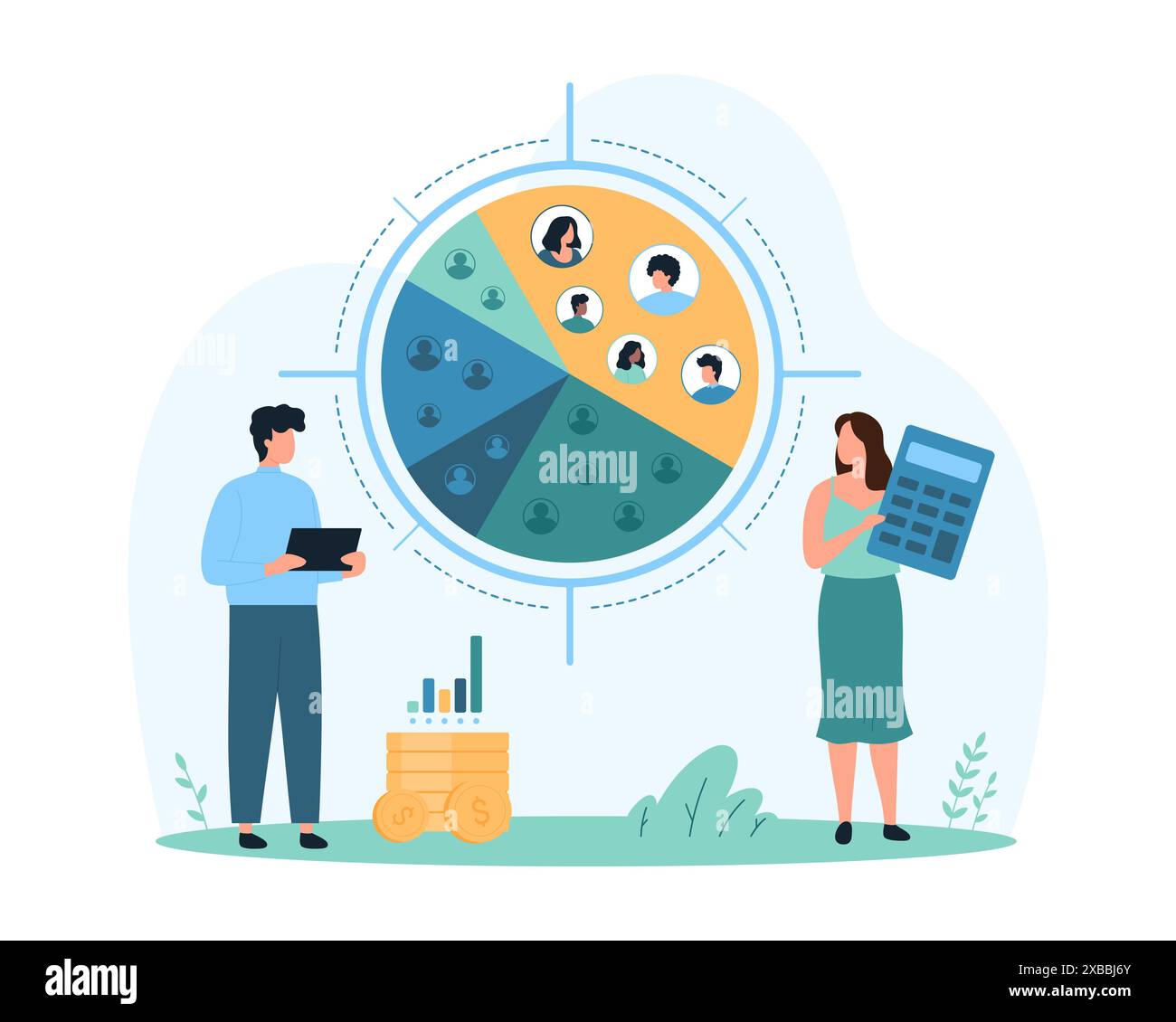 Customer segment analysis of marketing research. Tiny people analyze ...