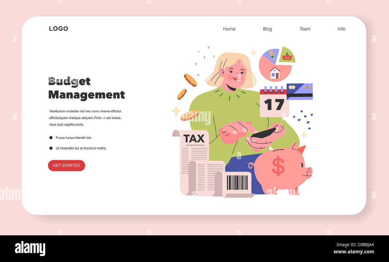 Budget Management concept. A woman saving money, depicted with a piggy ...