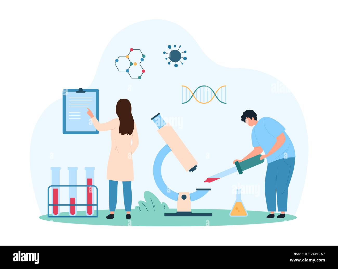 Medical blood test in hospital laboratory. Tiny people check blood ...