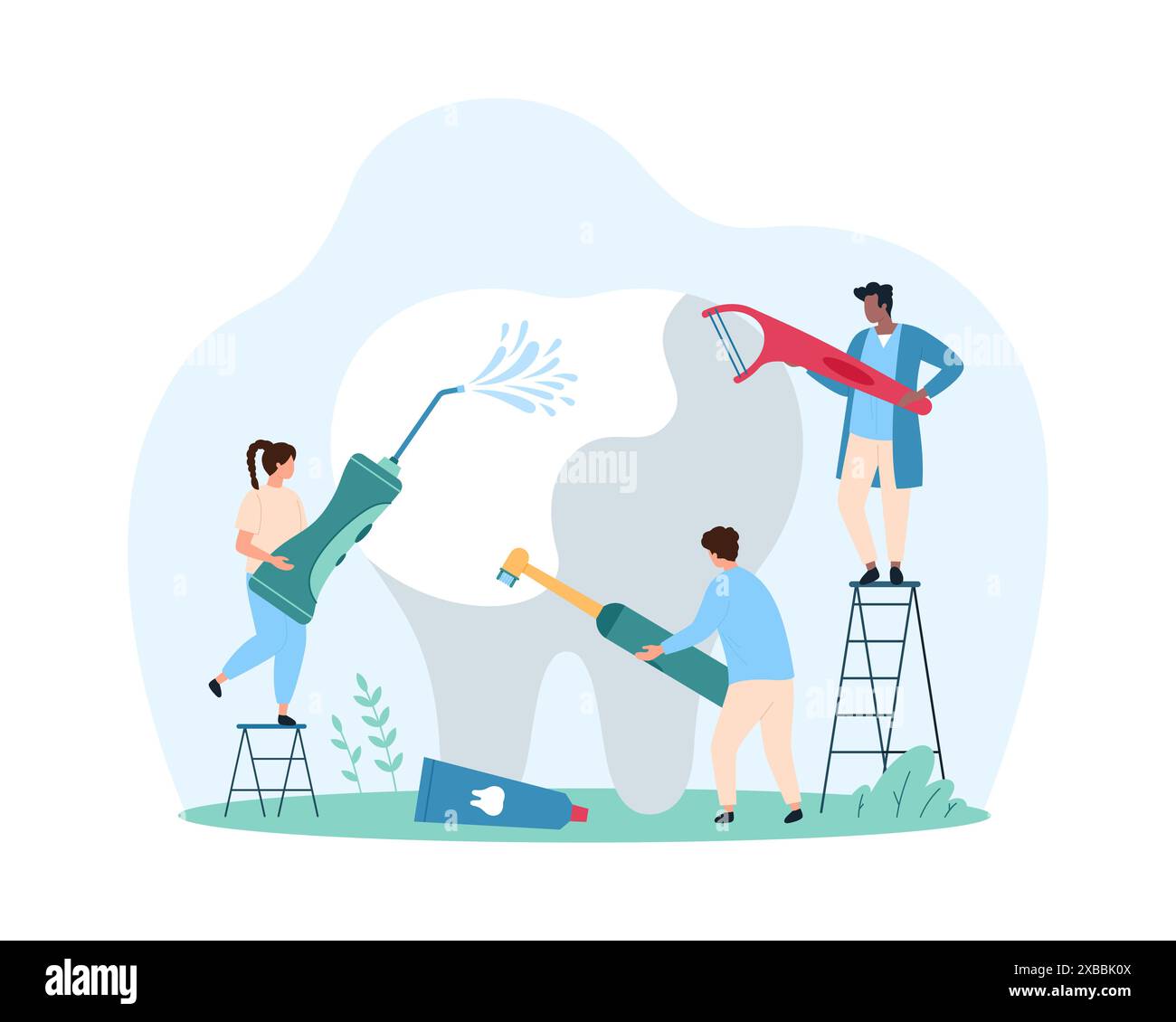 Professional teeth hygiene in clinic and home, dentistry checkup. Tiny ...