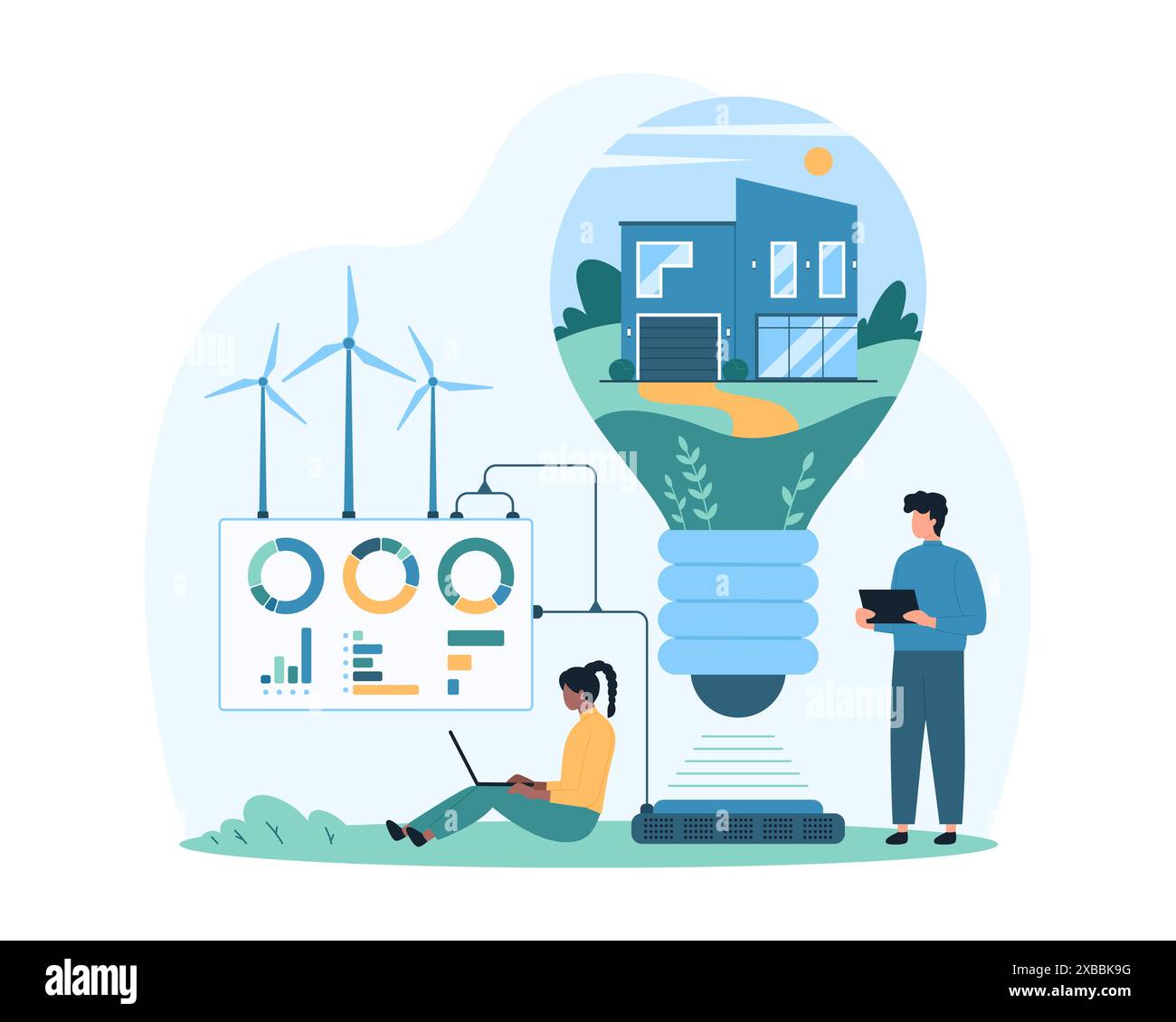 Green energy technology development. Tiny people work on digital ...