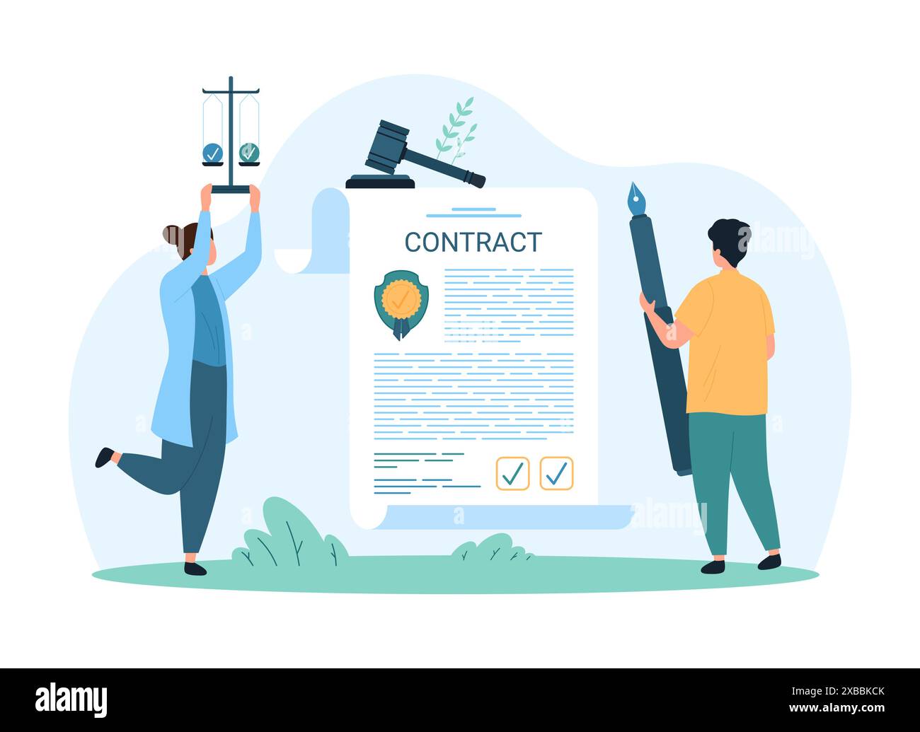 Signing contract, agreement with signature, deal. Tiny people holding ...