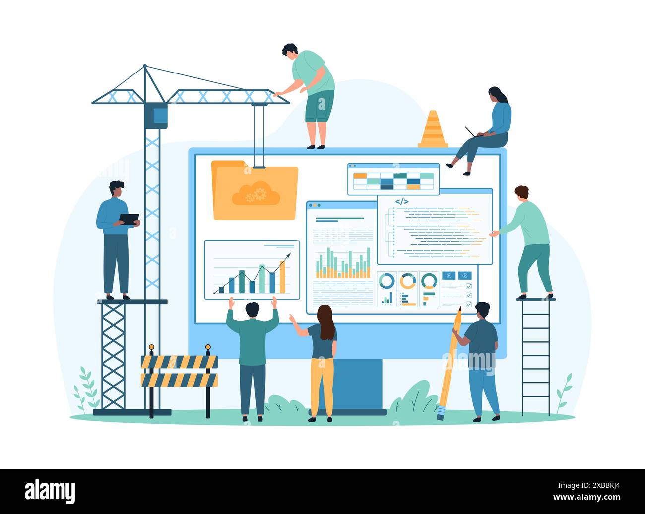 Website creation. Tiny people with construction crane build new portal or homepage, create ...