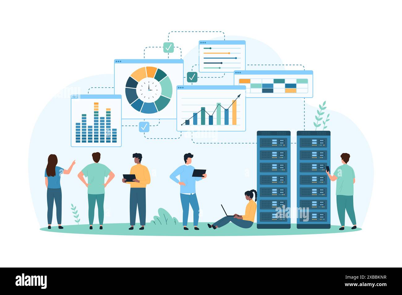 Big data research process, AI technology for analytics. Tiny people work with digital ...