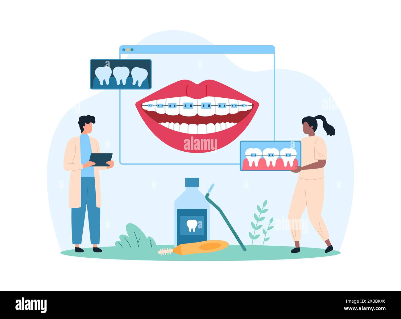 Smile with dental braces, orthodontic treatment in clinic. Tiny people ...