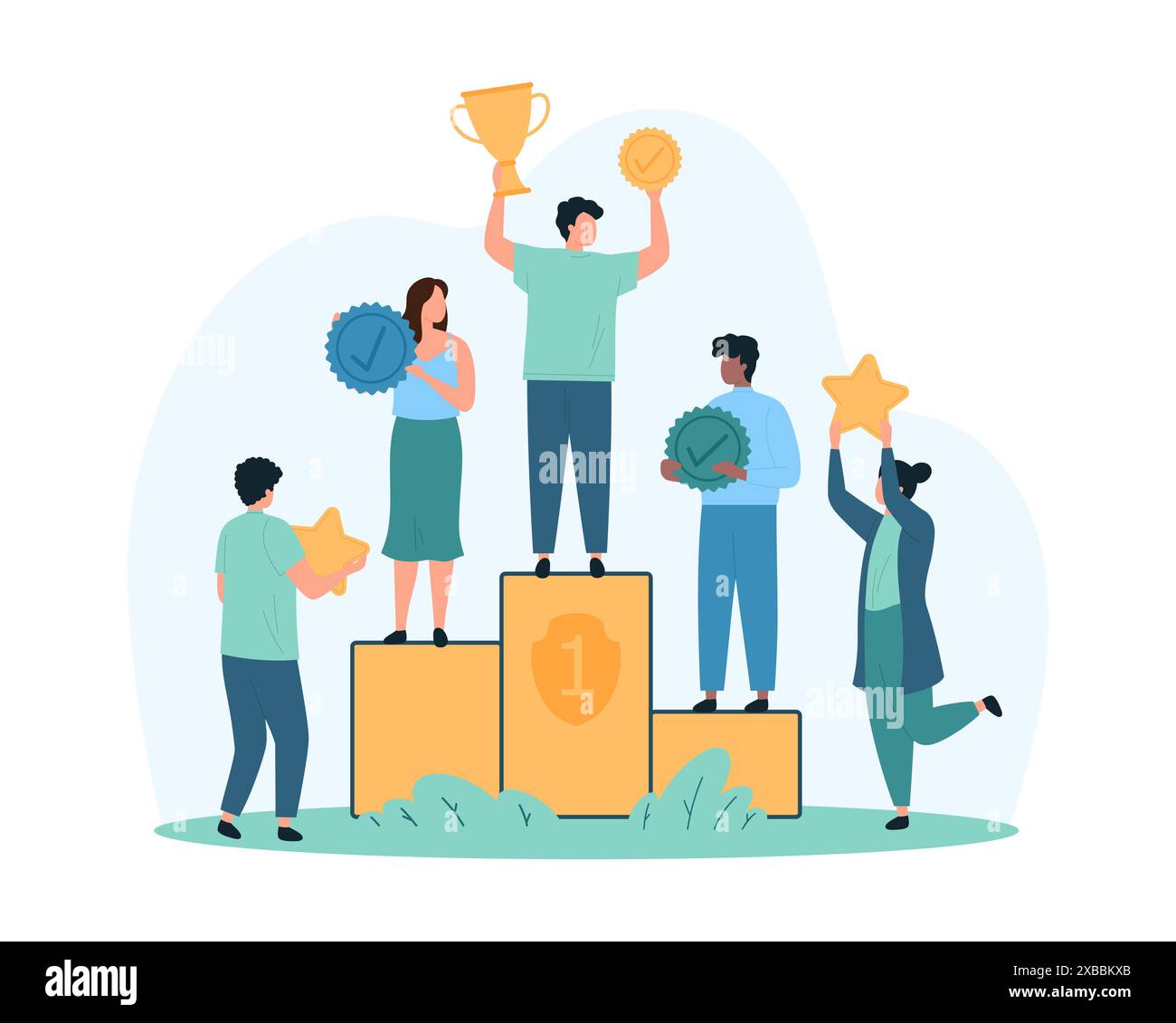 Top rank, recognition for first place in competition. Tiny people ...