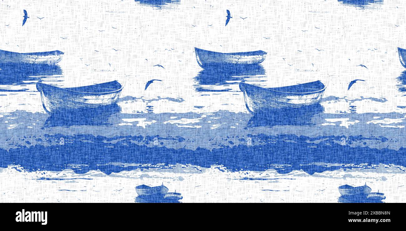 Coastal sail boat in azure ocean blue seamless border background ...