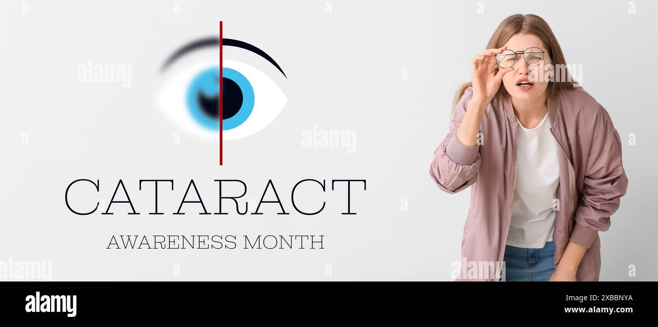 Woman with problem of poor eyesight on light background. Banner for ...
