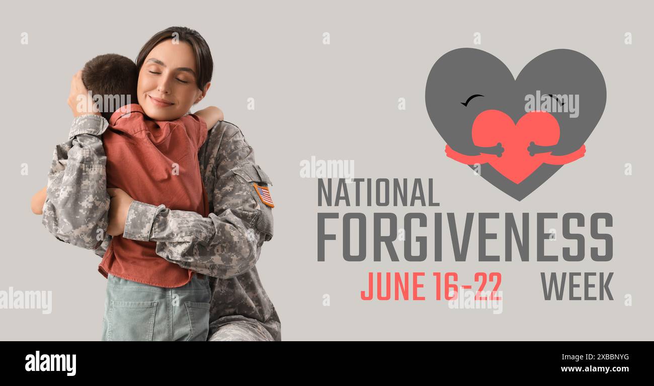 Banner for National Forgiveness Week with female soldier hugging her ...