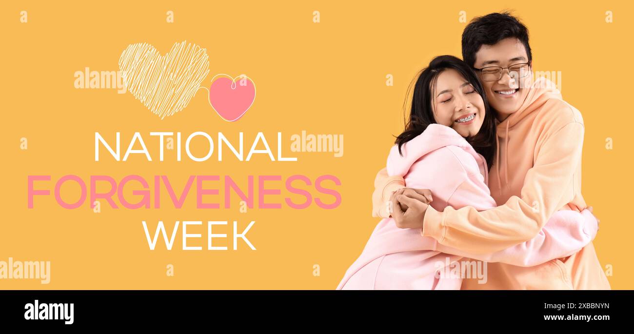 Banner for National Forgiveness Week with hugging Asian friends Stock ...