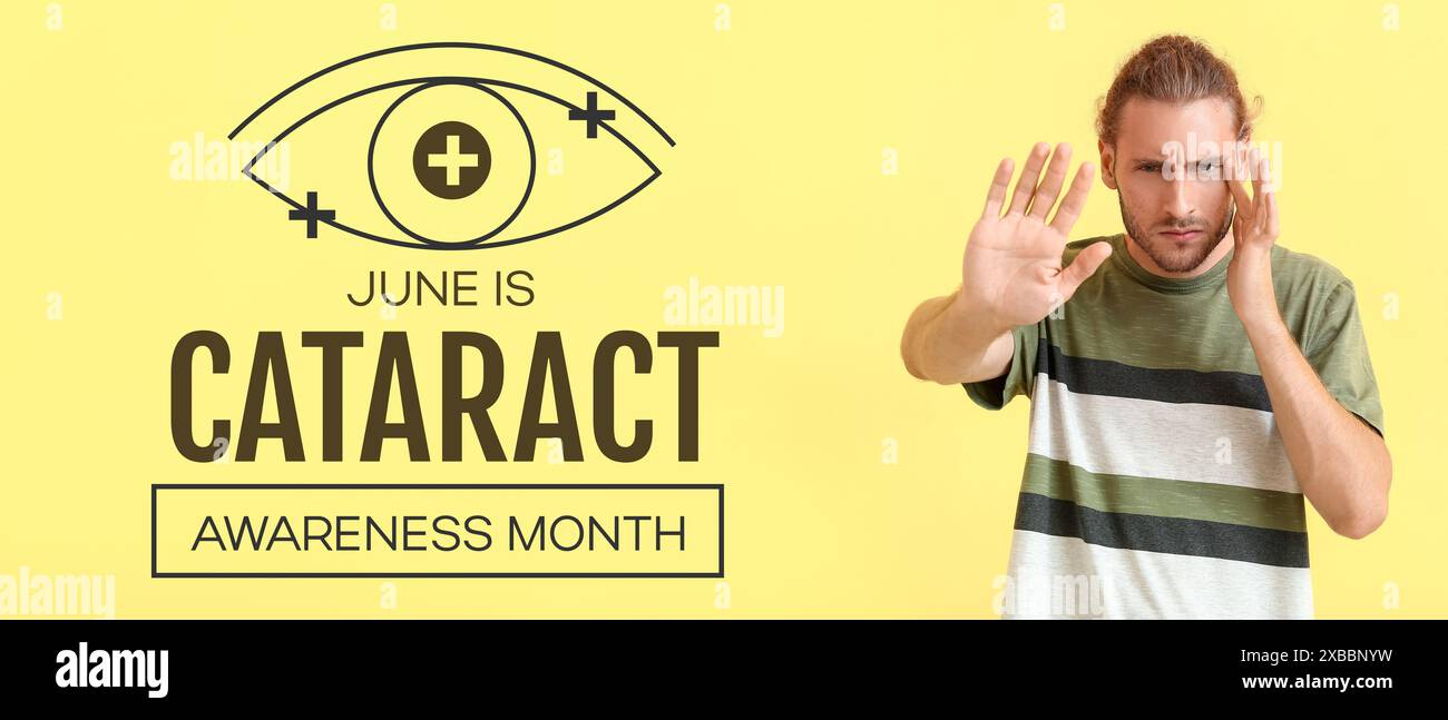 Young man with problem of poor eyesight on yellow background. Banner ...
